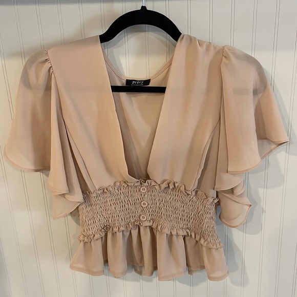 Tops | Low Cut Top With Flowy Sleeves And A Synched Waist | Poshmark